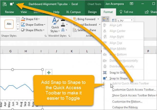 Resize & Align Dashboard Elements with Snap to Shape - Excel Campus