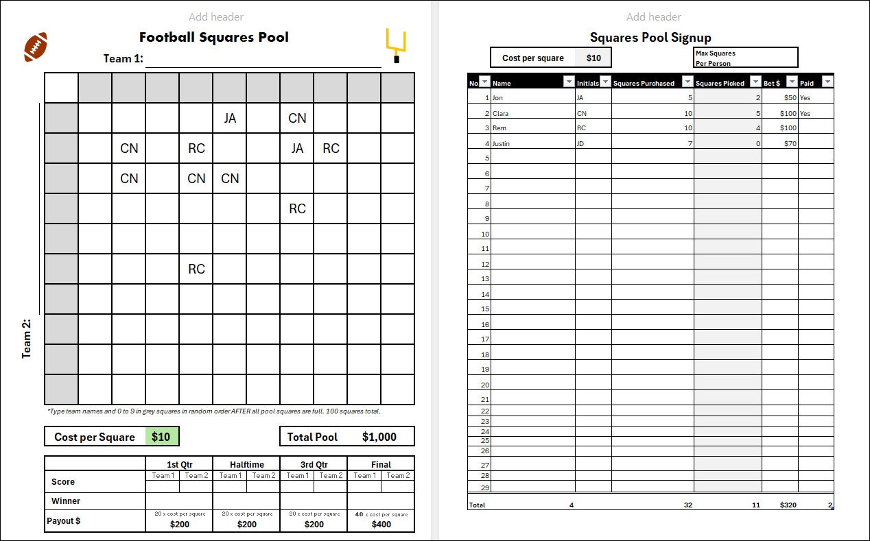 Football Squares Pool - Free Downloads for PDF, Excel, Google Sheets ...